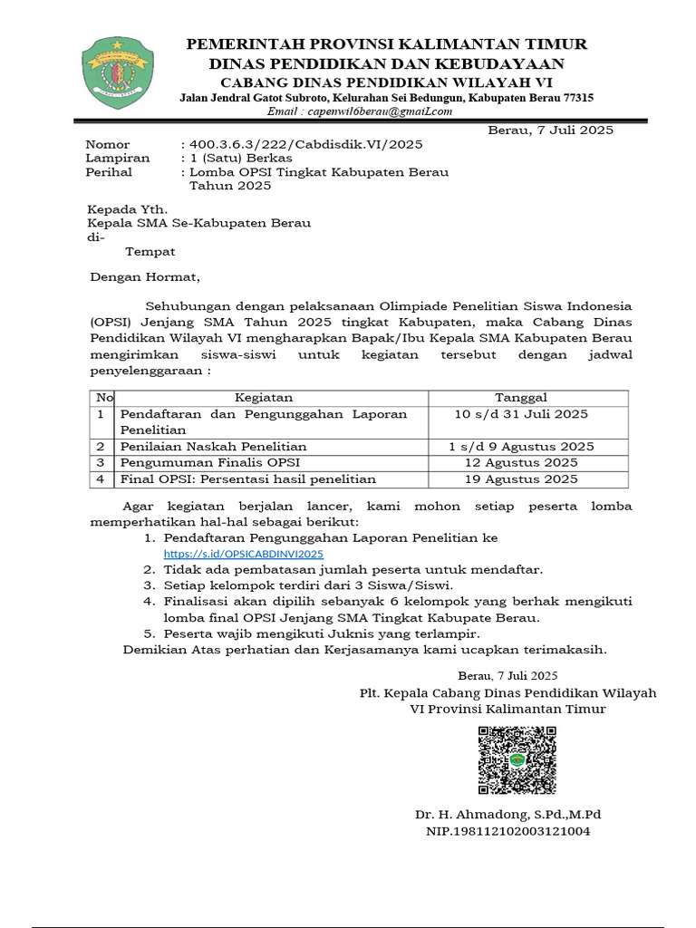 Pengumuman Lomba OPSI 2025 Kabupaten Berau | PDF