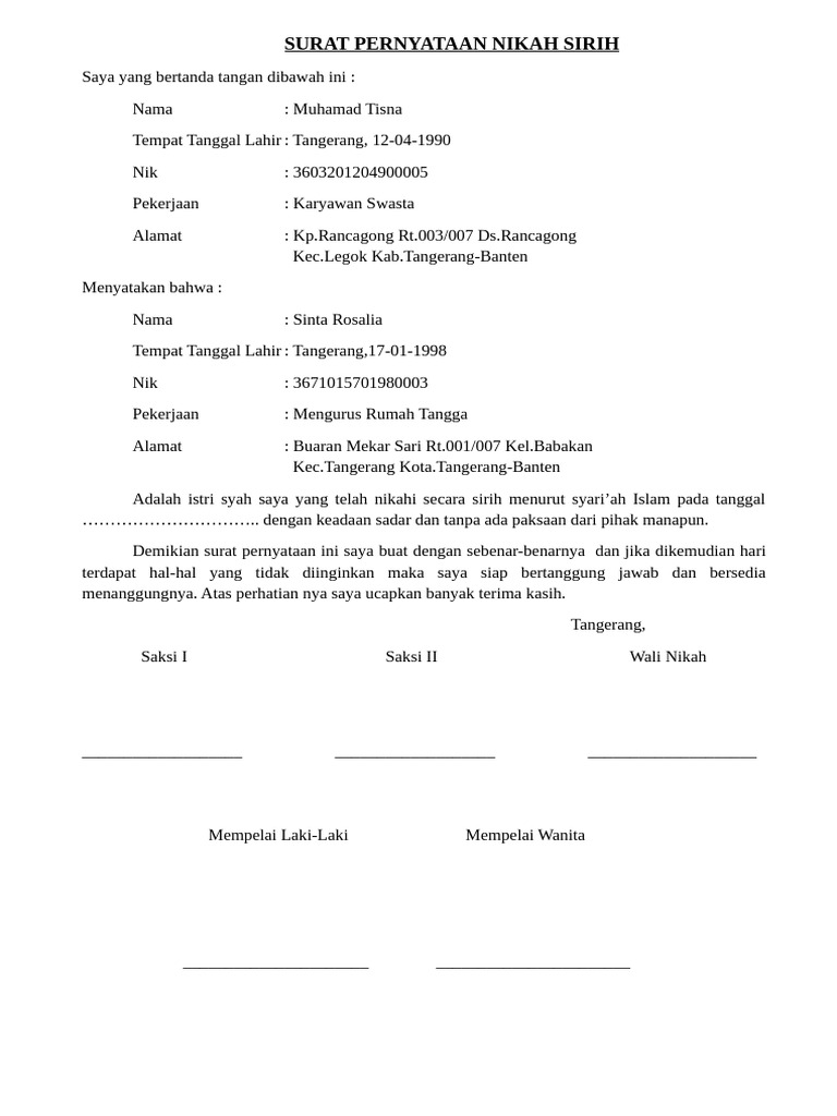 Surat Pernyataan Nikah Sirih 2022 | PDF