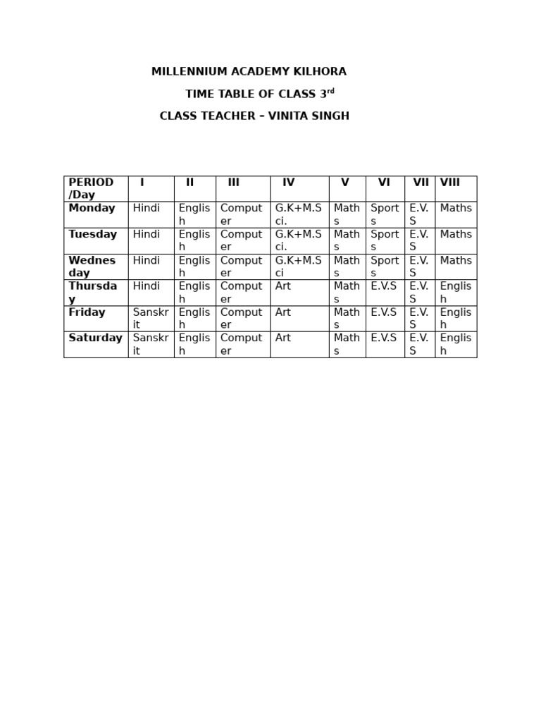 Class 3rd Time Table | PDF