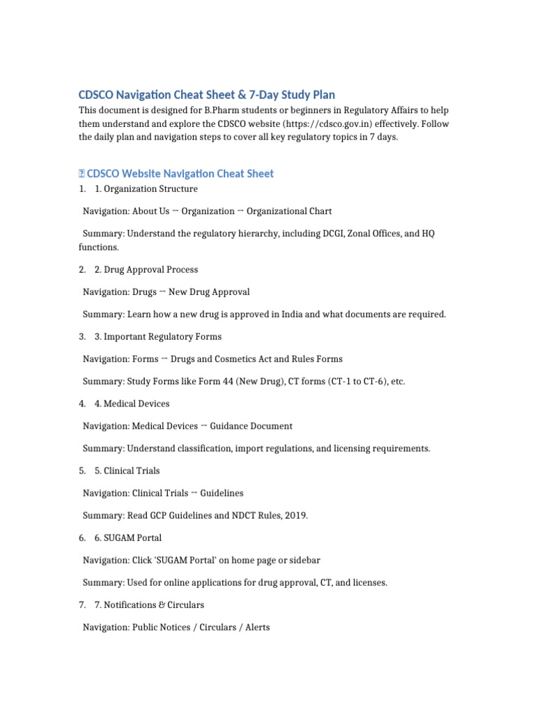 CDSCO CheatSheet StudyPlan | PDF | Medical Device | Clinical Trial