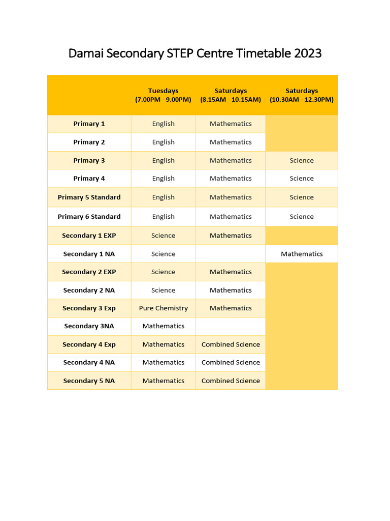 Damai Secondary School Timetable 2023 | PDF