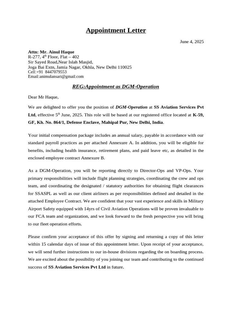 Appointment Letter-DGM-Ops | PDF | Aviation Safety | Business