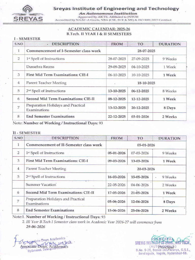 Academic Calendar, II-Year, 2025-26 | PDF