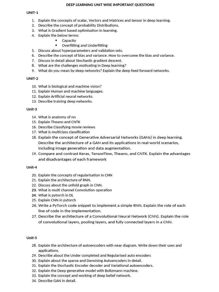 DL Unit Wise Imp Questions | PDF | Deep Learning | Cognitive Science