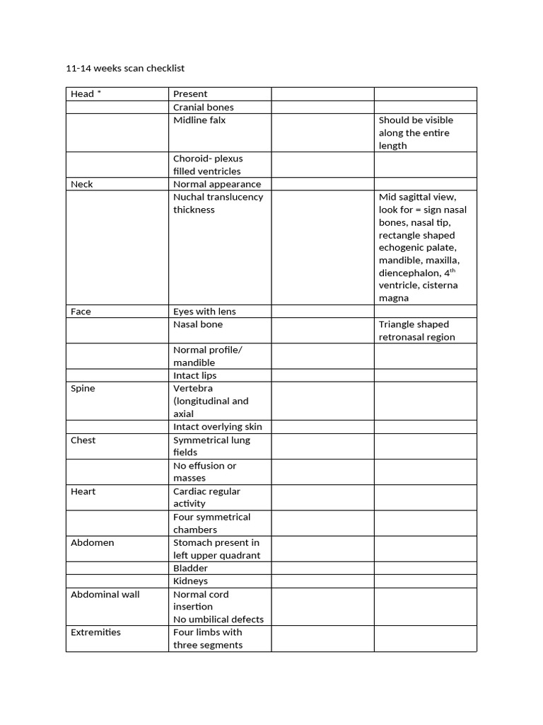11-14 Weeks Scan Checklist | PDF