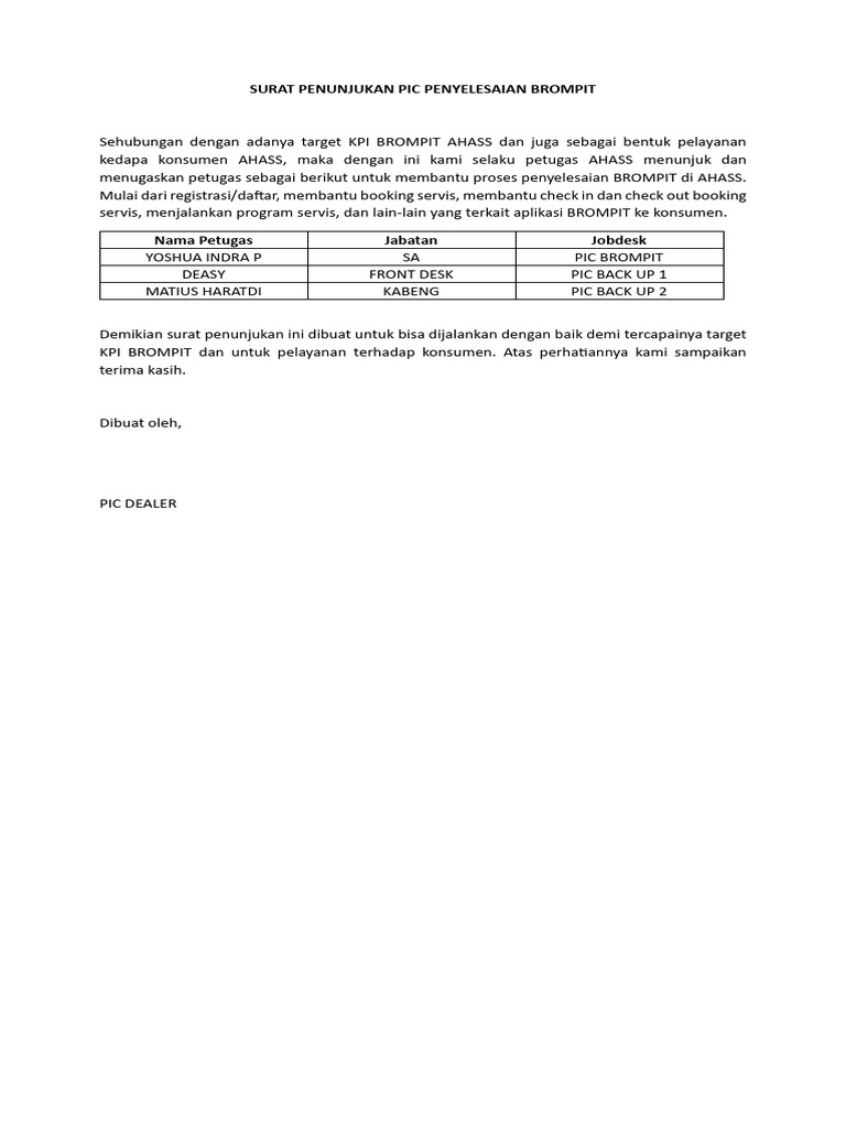 Surat Penunjukan PIC BROMPIT AHASS | PDF