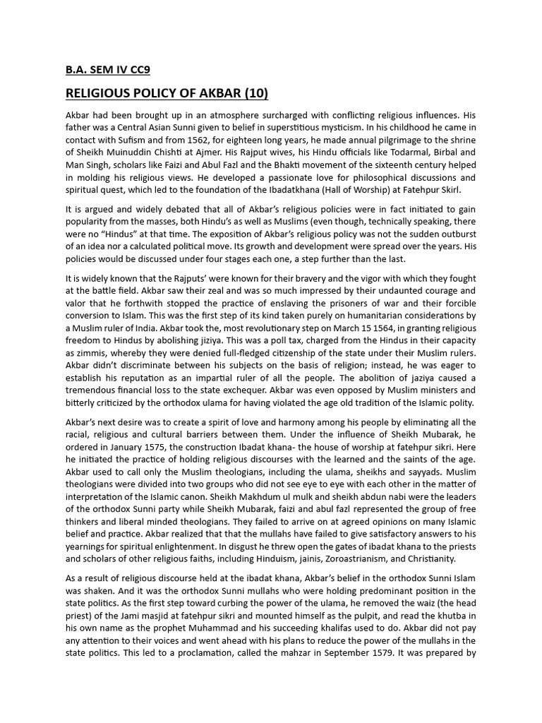 Akbar's Religious Policy Overview | PDF | Mughal Empire | Spirituality