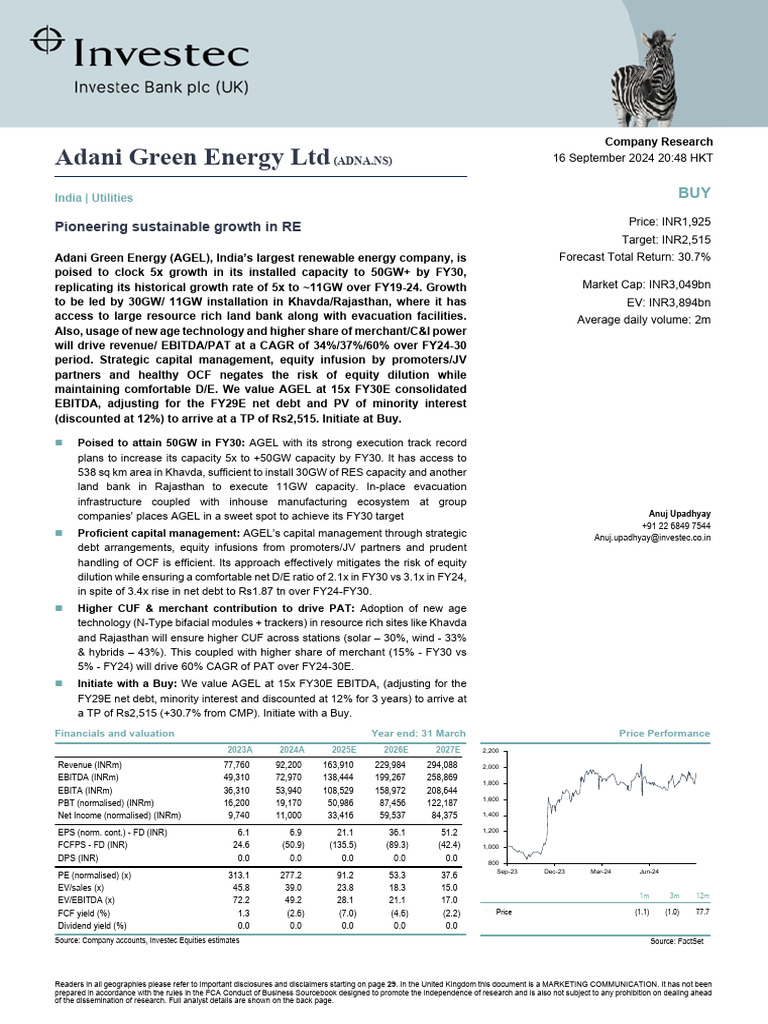 Adani Green - Investec - IC - Sep 2024 | PDF | Renewable Energy ...