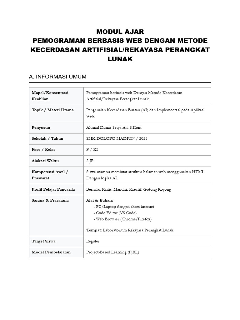 Modul Ajar - Pengenalan Kecerdasan Buatan (AI) Dan Implementasi Pada Aplikasi Web | PDF