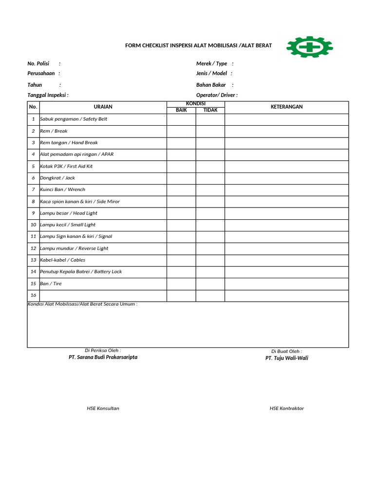 Form Inspeksi Kendaraan PT Sarana Budi | PDF
