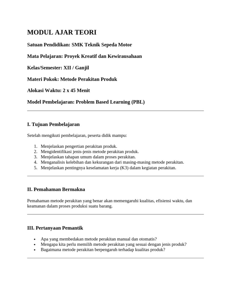 Modul Ajar Perakitan Produk | PDF