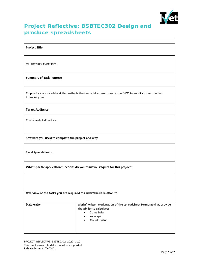 Bsbtec302 A1 Project Reflective Templatequarterlyexpenses | PDF