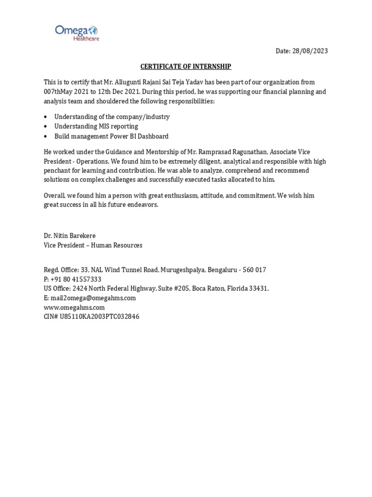 Omega Internship Certificate With Logo Watermark 3 | PDF