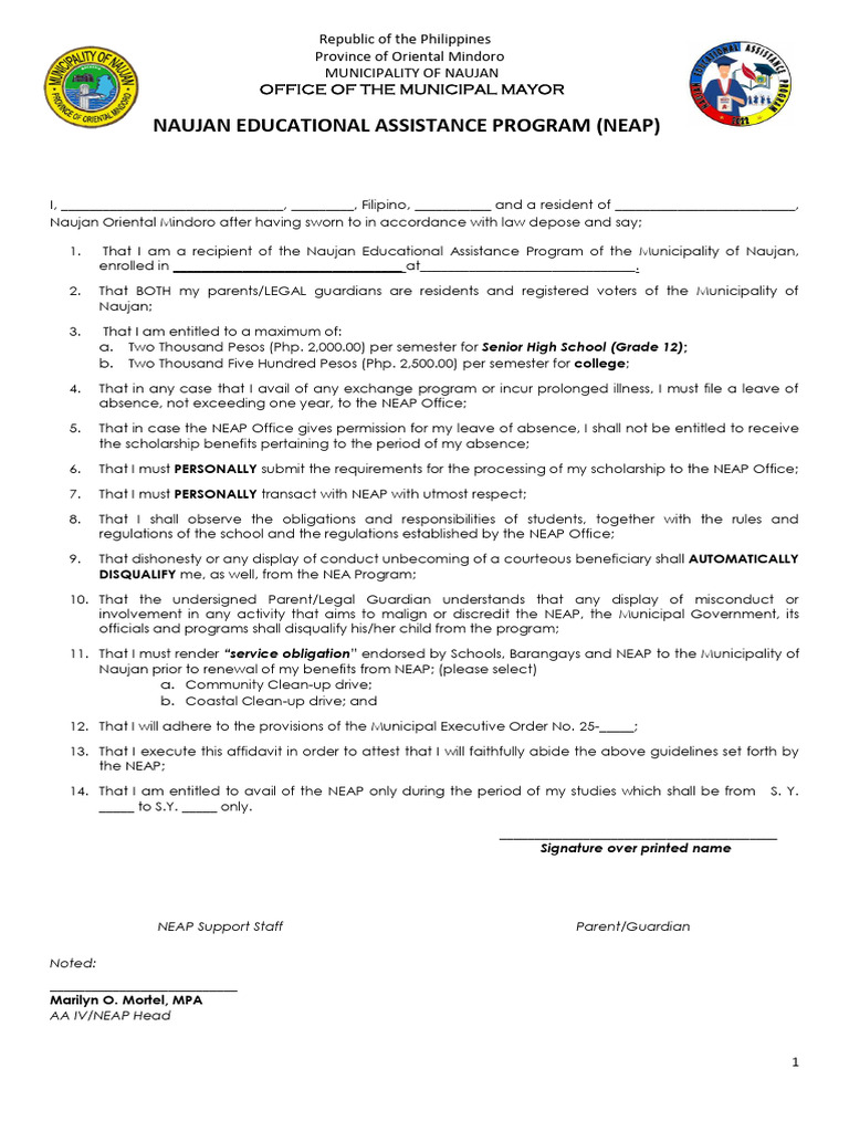 NEAP Affidavit of Undertaking - Revised 2025 | PDF