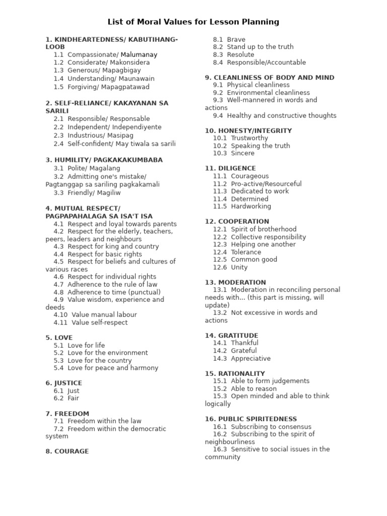 List of Moral Values For Lesson Planning | PDF