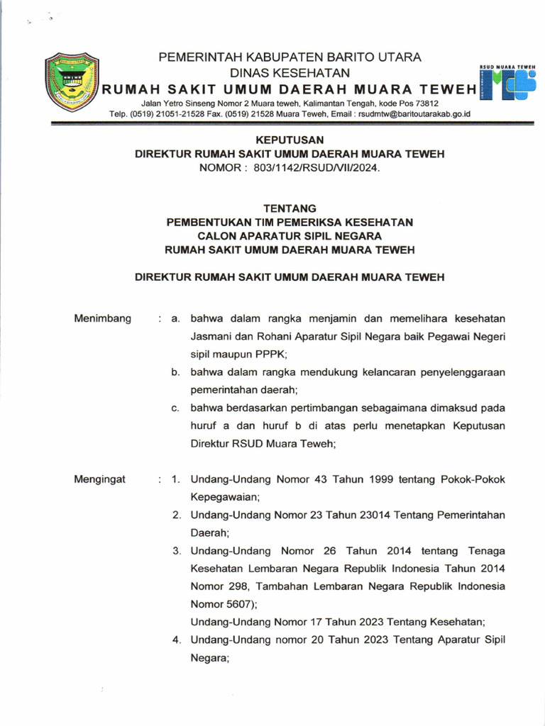 SK TPK RSUD MUARA TEWEH JULI 2024 tentang | PDF