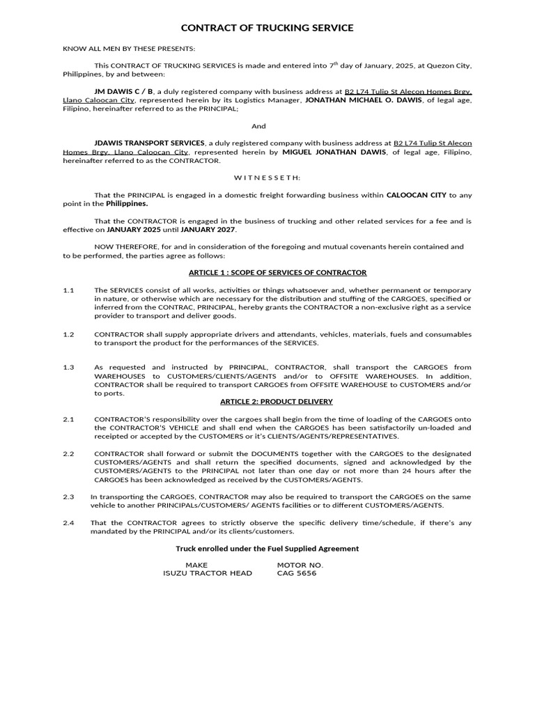 Hauling Contract Jdawis Transport Services | PDF | Cargo | Transport