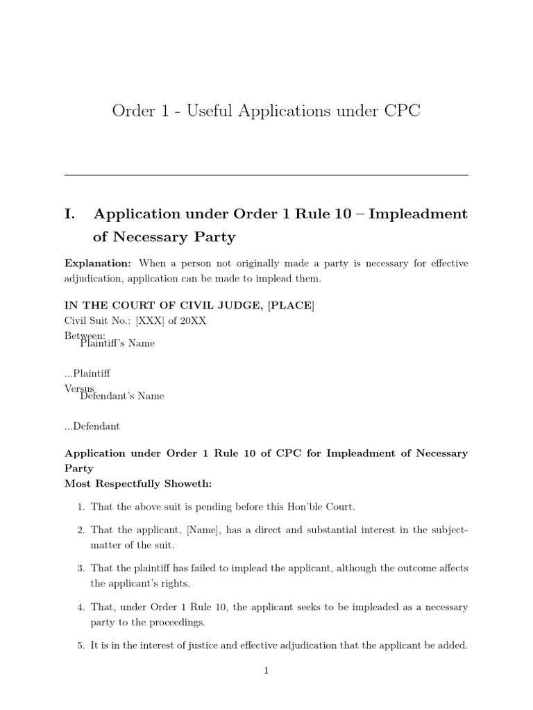 CPC Applications for Impleadment & Substitution | PDF | Lawsuit ...