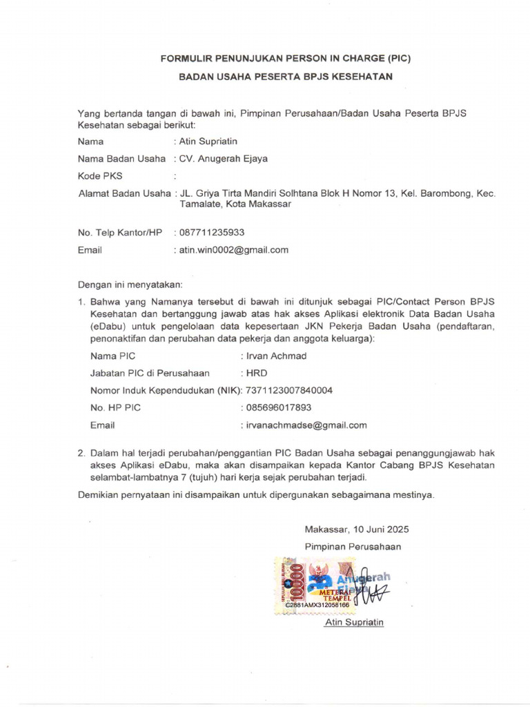 Surat Pernyataan Pic | PDF