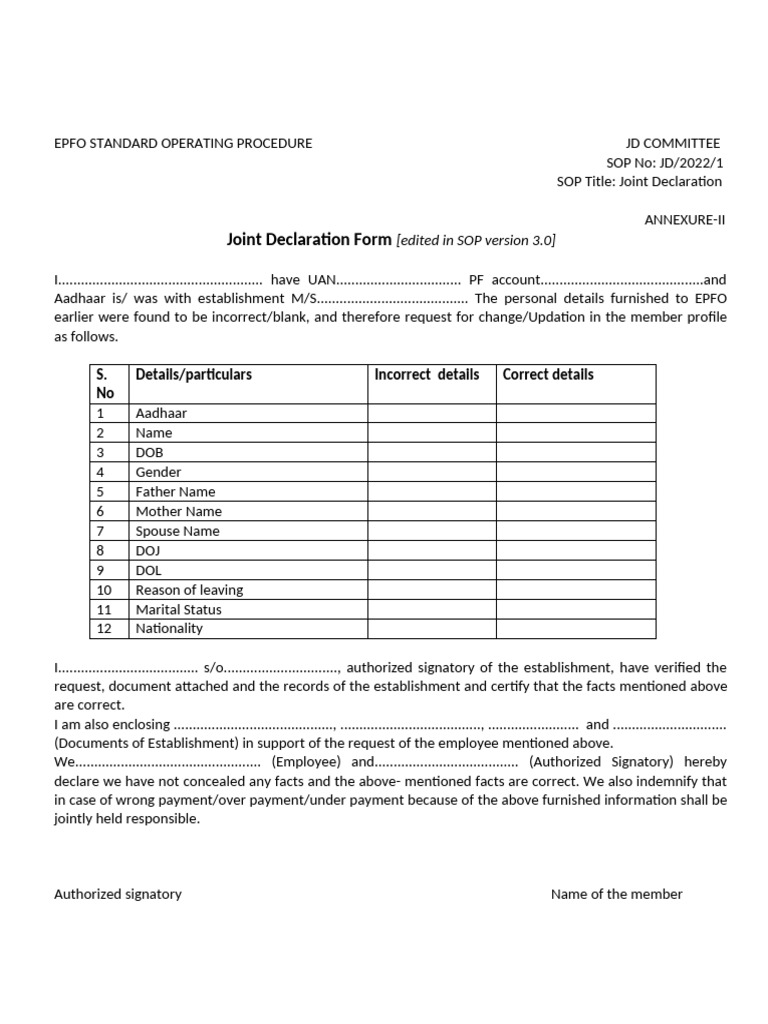 PF Joint Declration Form | PDF