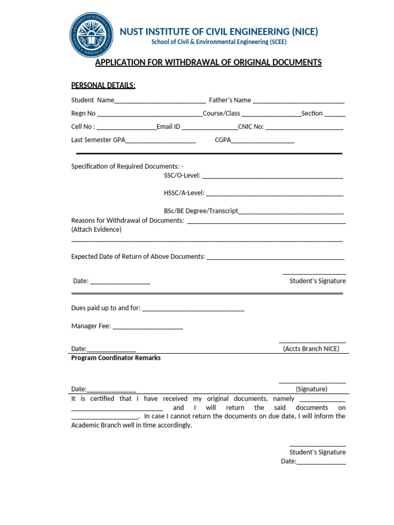 Application For Withdrawal of Original Documents | PDF