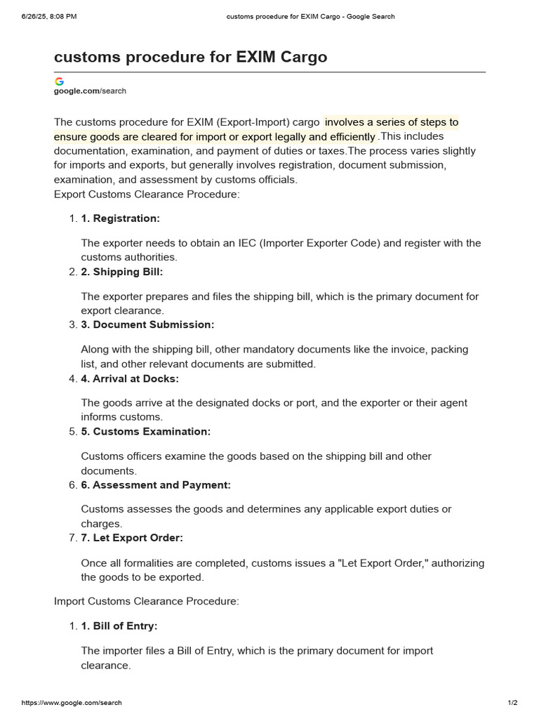 Customs Procedure For EXIM Cargo - Google Search | PDF | Customs | Business