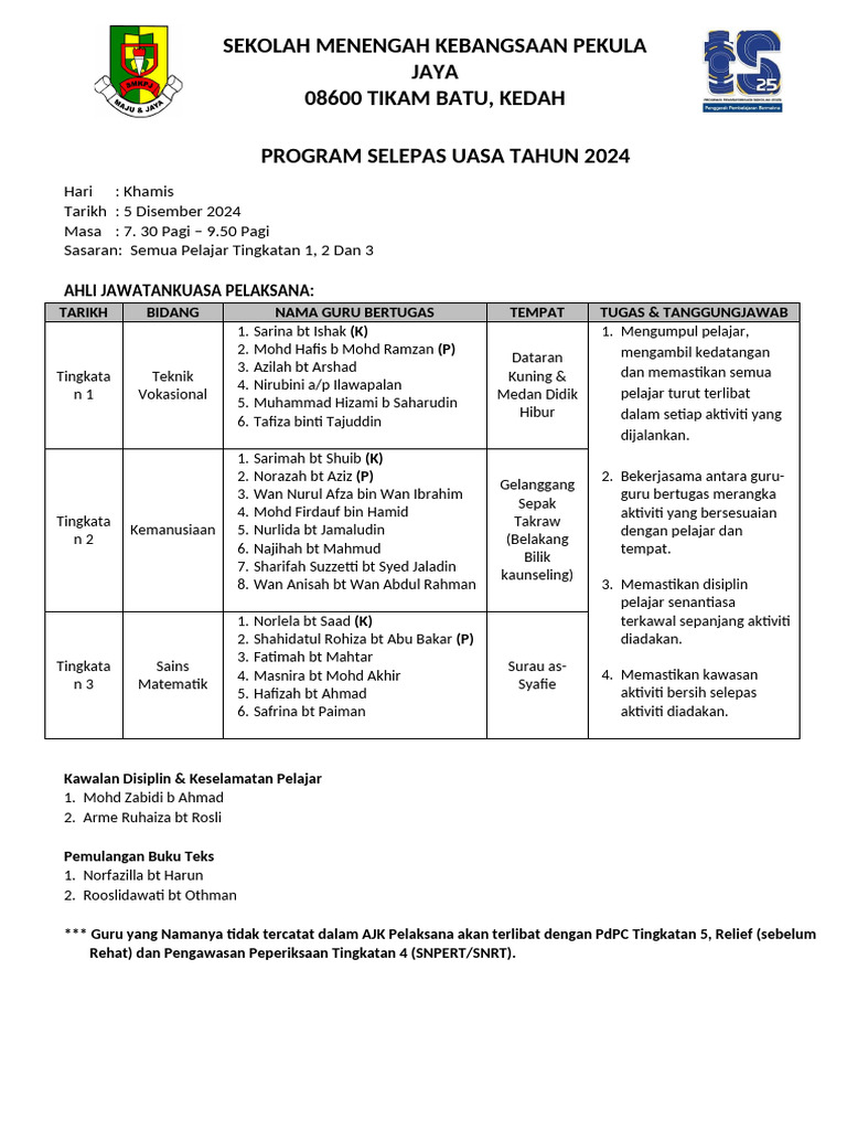 Jadual Guru Bertugas Program Selepas Uasa | PDF