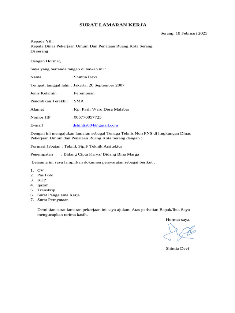 Surat Lamaran Kerja Shintia Devi 12 f3 | PDF