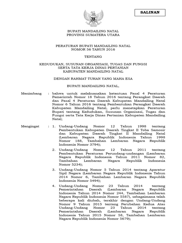 Perbup Struktur No. 56 Tahun 2016 - Tupoksi Distan Kab. Madina | PDF