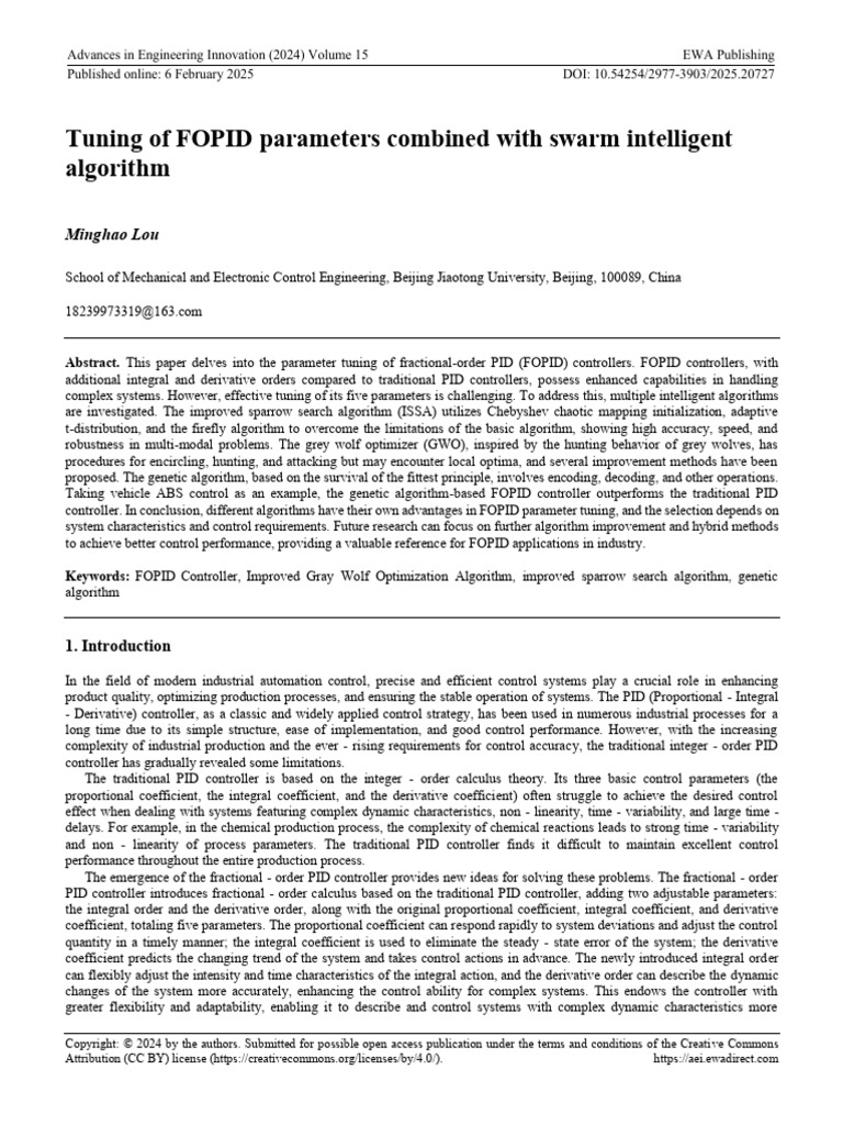 Tuning of FOPID Parameters Combined With Swarm Int | PDF | Genetic Algorithm | Control Theory