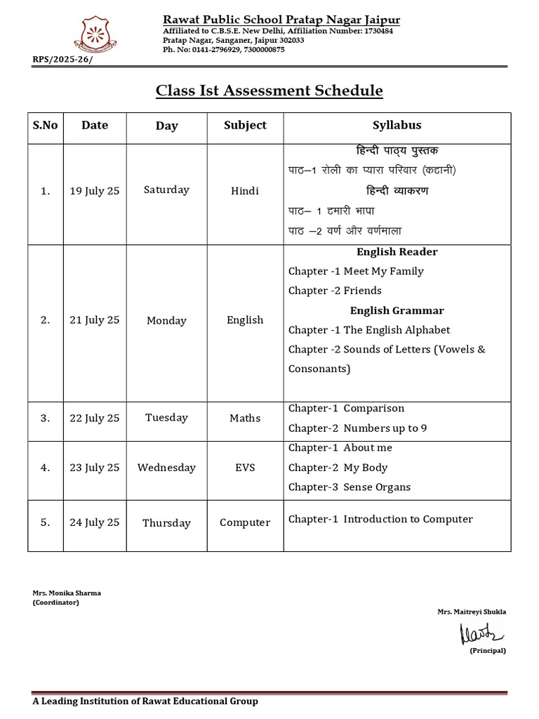 Class Ist Assessment Schedule Pdf