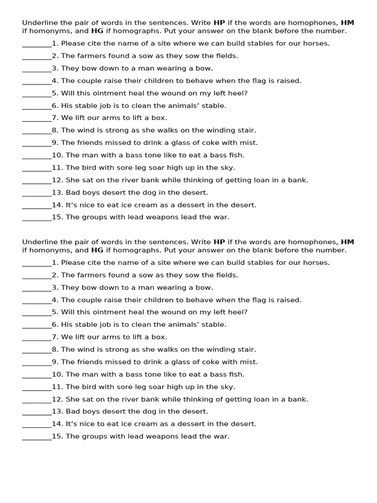 Homophones, Homonyms, and Homographs Worksheet | PDF