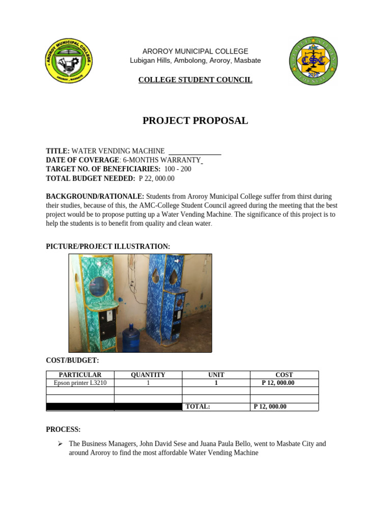 Water Vending Machine Proposal for AMC | PDF