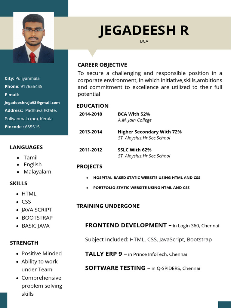 Resume of Web Developer Jegadeesh R | PDF