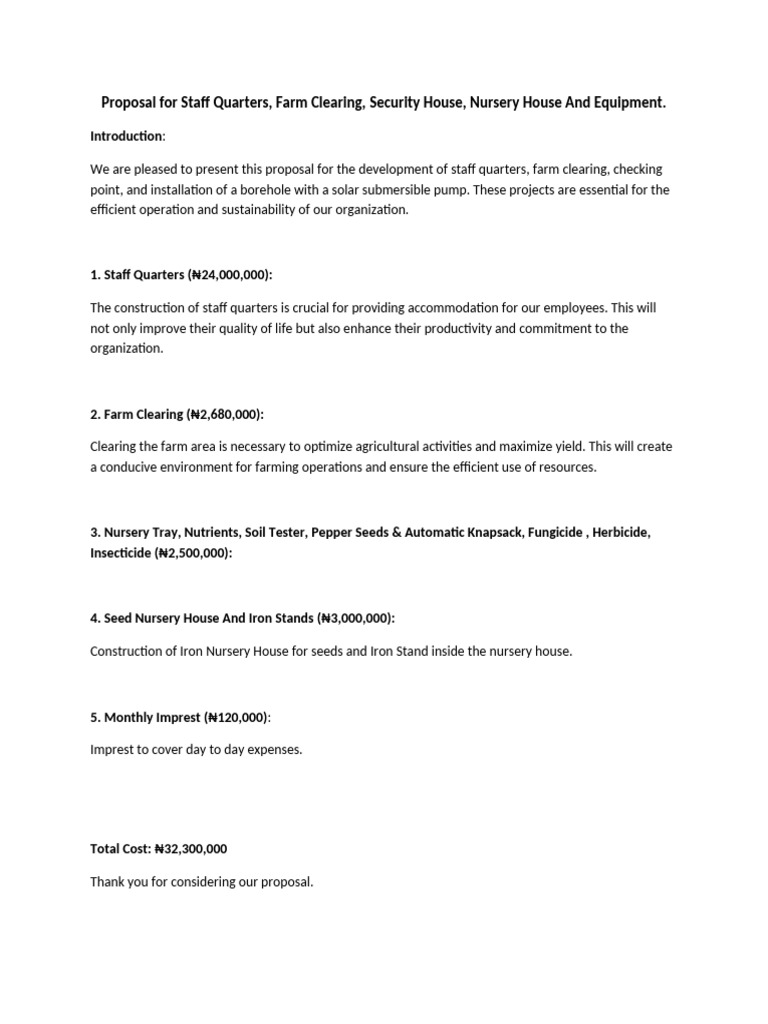 Proposal for Staff Quarters & Farm Development | PDF