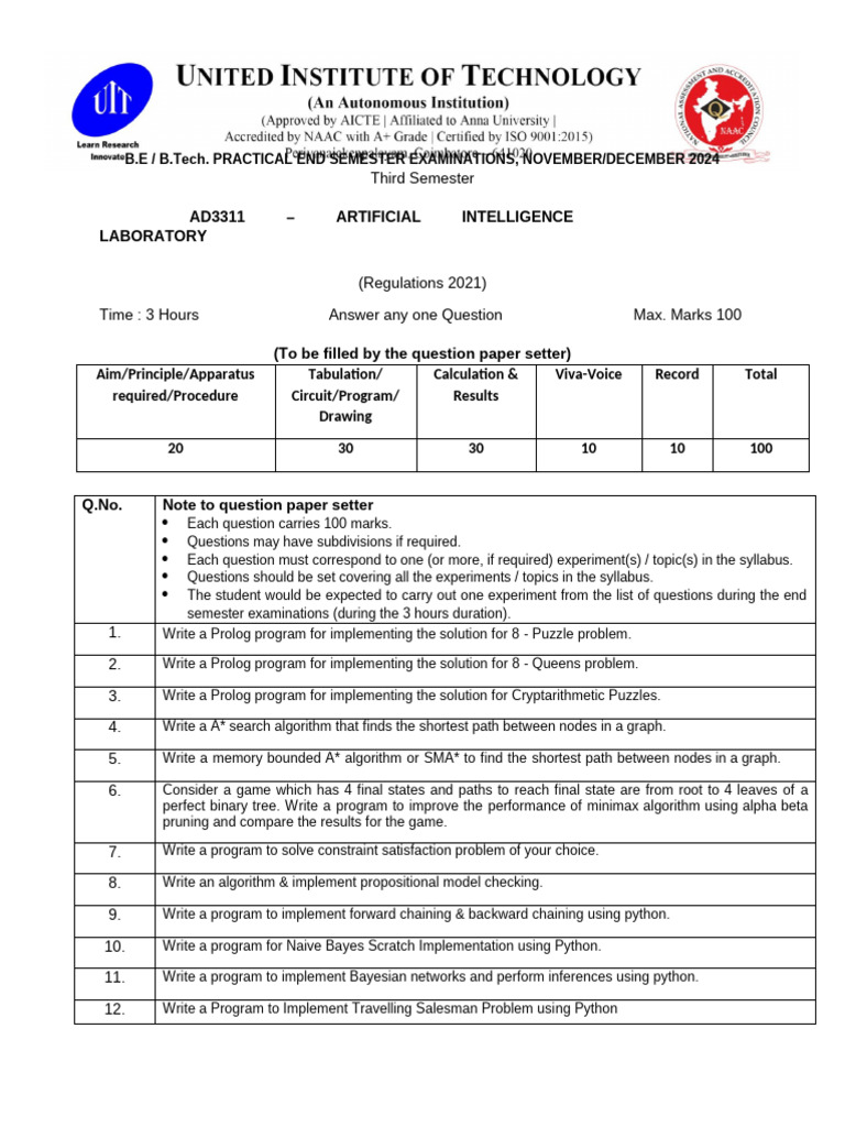 AI Laboratory Exam Questions 2024 | PDF | Statistical Classification ...