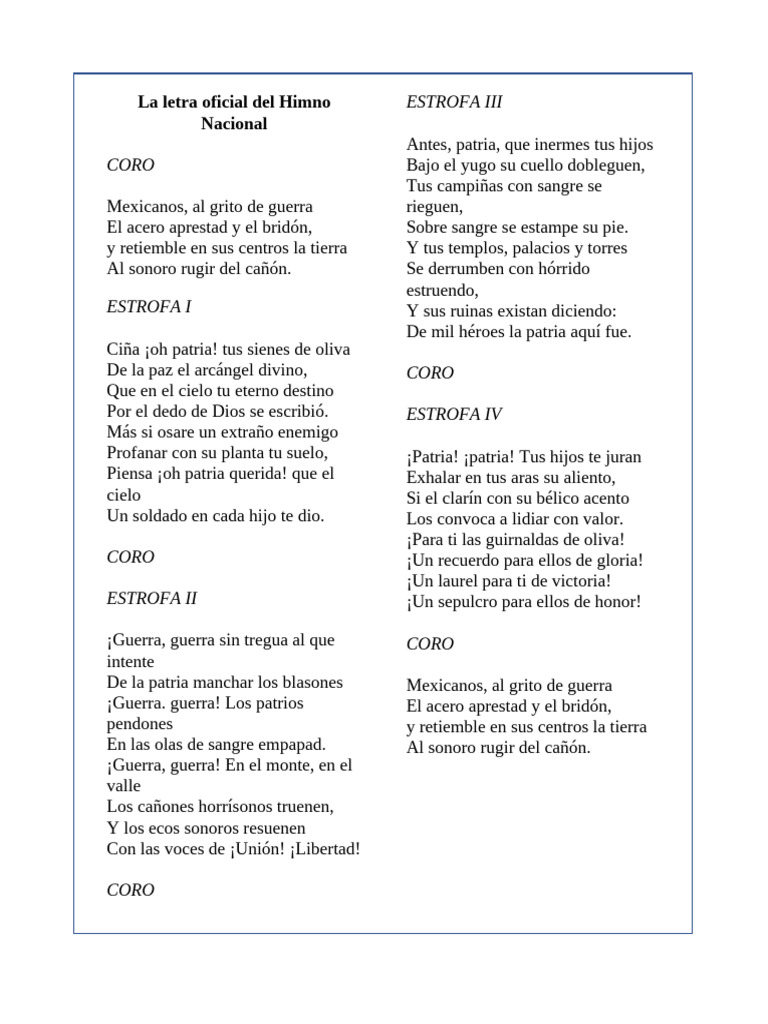 Letra Oficial del Himno Nacional Mexicano | PDF