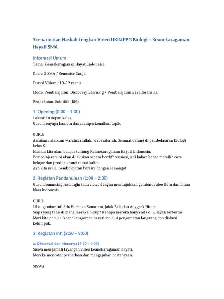 Skenario Naskah Lengkap Video UKIN PPG Biologi Keanekaragaman Hayati | PDF