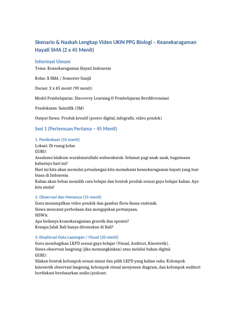 Skenario Naskah Video UKIN Biologi Keanekaragaman Hayati 2x45 | PDF