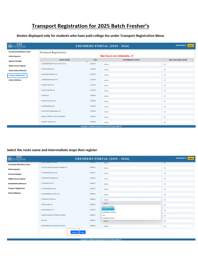 Transport Registration For 2025 Batch Fresher | PDF