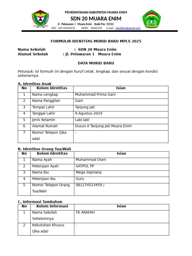 Formulir Identitas Murid Baru Mpls 2025 | PDF