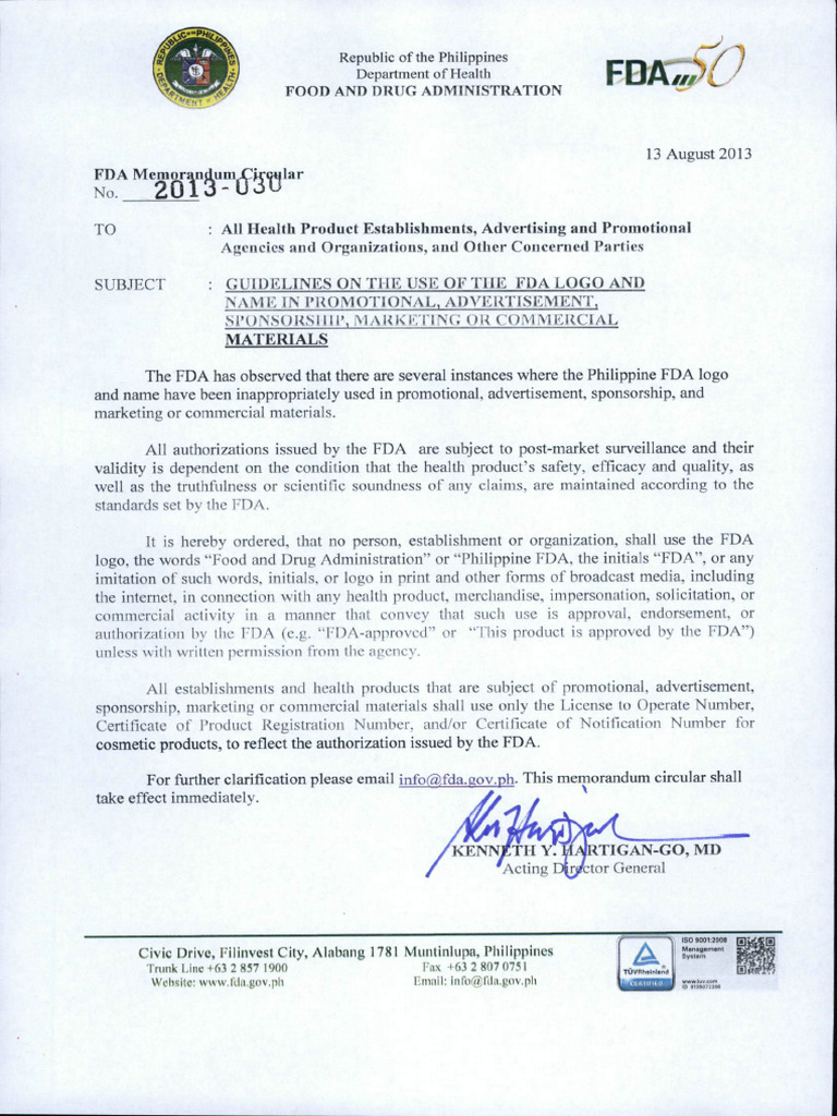 FDA Memorandum Circular No.2013 030 | PDF