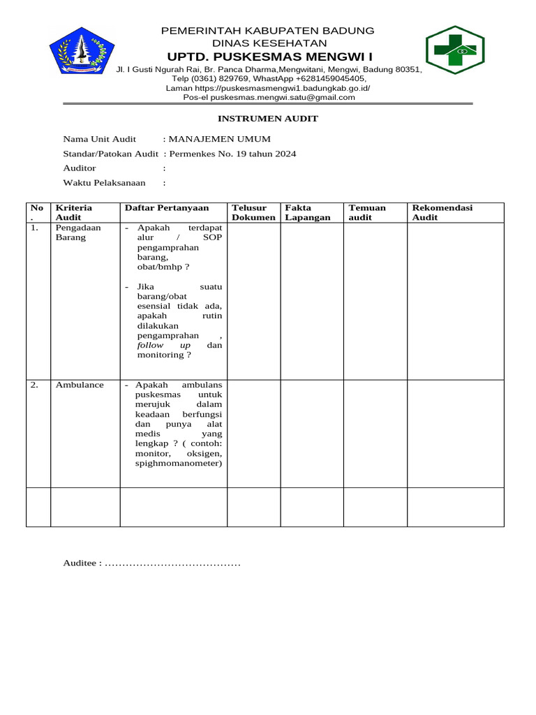 Instrumen Audit Puskesmas 2025 | PDF