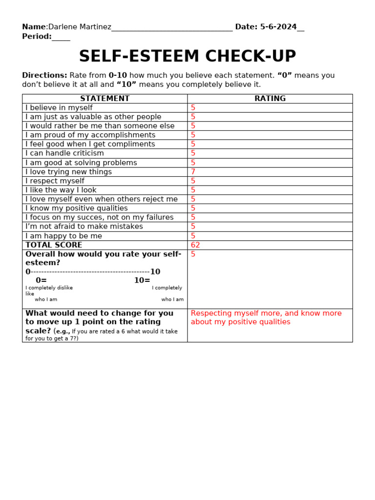 Self-Esteem Check-Up Questionnaire | PDF
