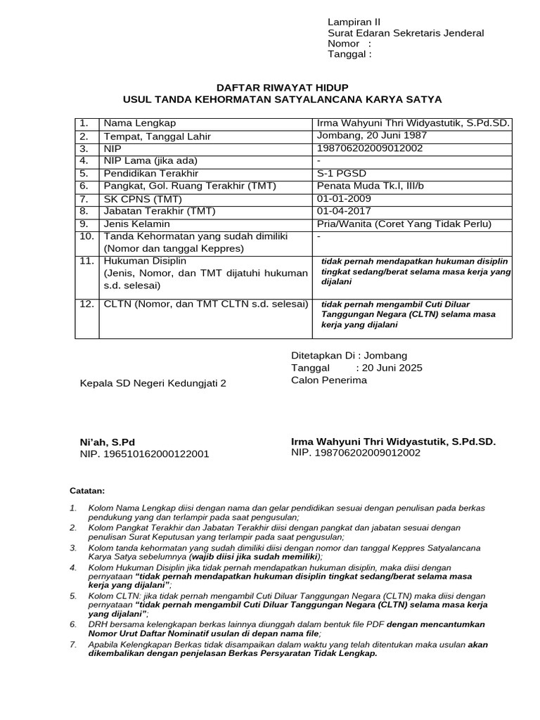 Format DRH Singkat (Usulan Satya Lencana) | PDF