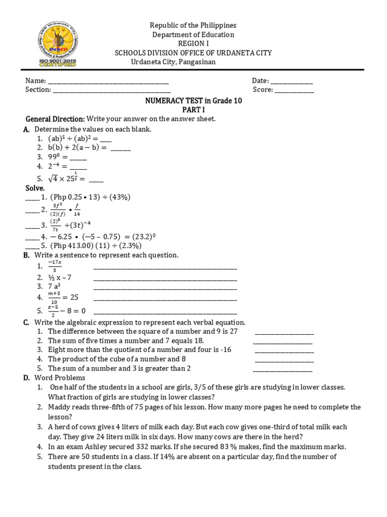 Grade 10 Numeracy Test Document | PDF | Mathematics