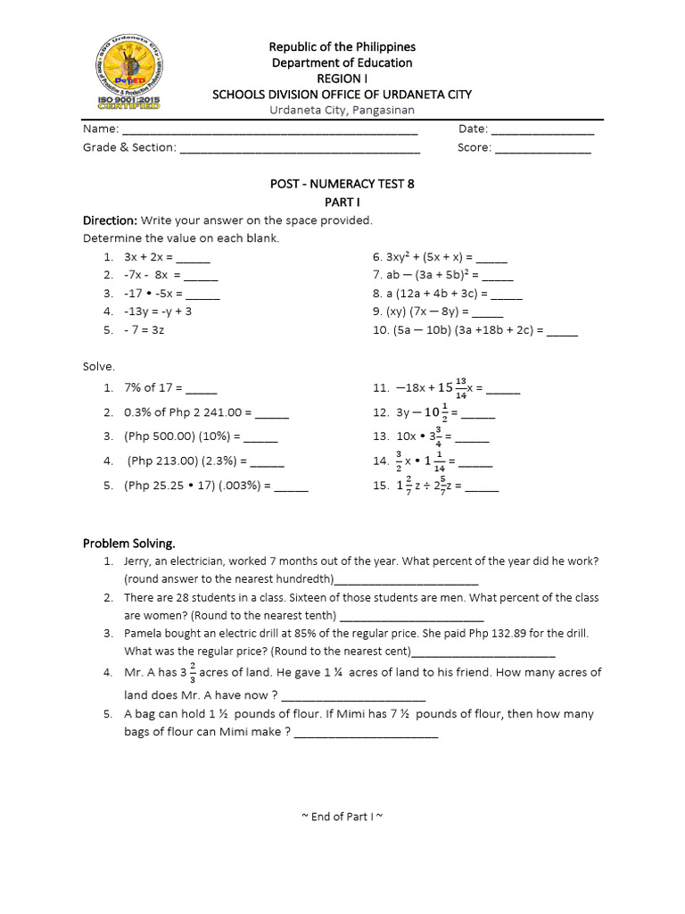 Post-Numeracy Test 8 for Students | PDF