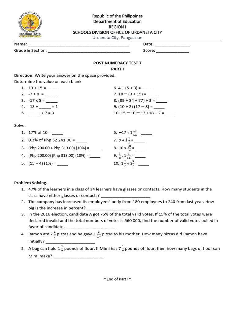 Post Numeracy Test 7 | PDF
