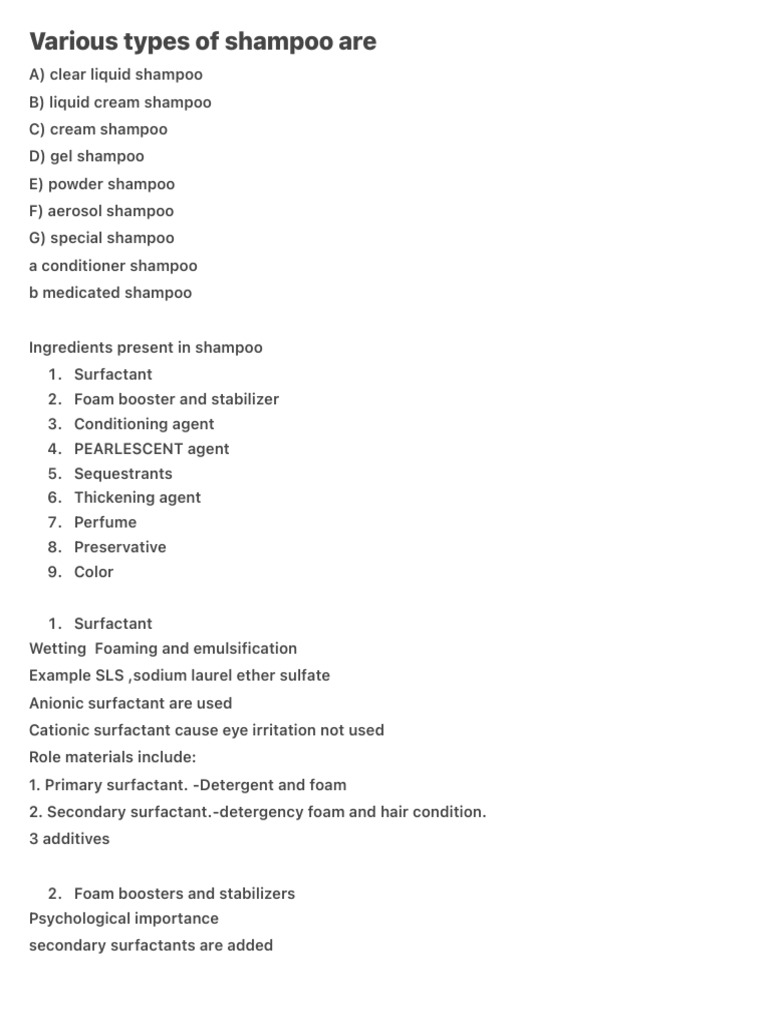 Various Types of Shampoo Are | PDF | Shampoo | Surfactant