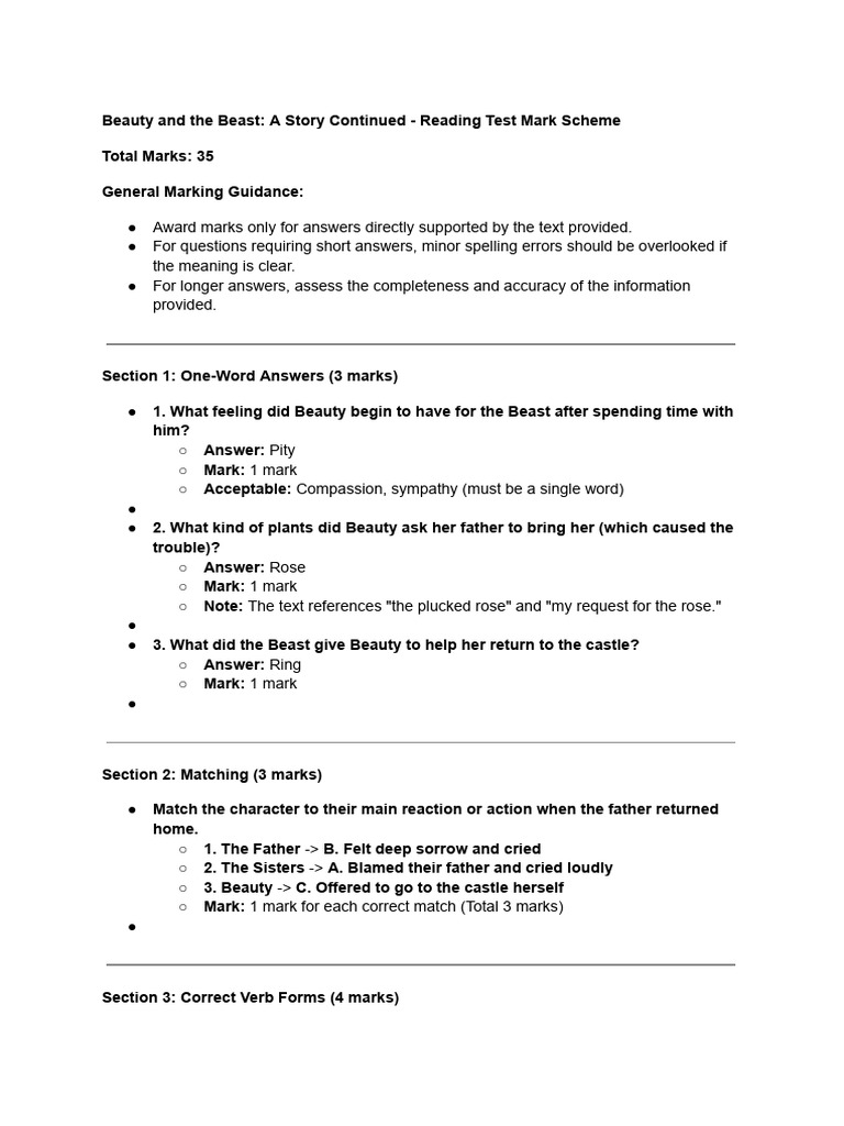 Beauty and The Beast - A Story Continued - Reading Test Mark Scheme | PDF